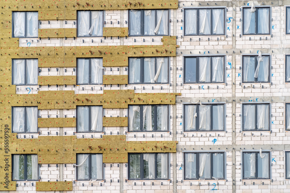 Exterior passive house wall heat insulation with mineral wool ...