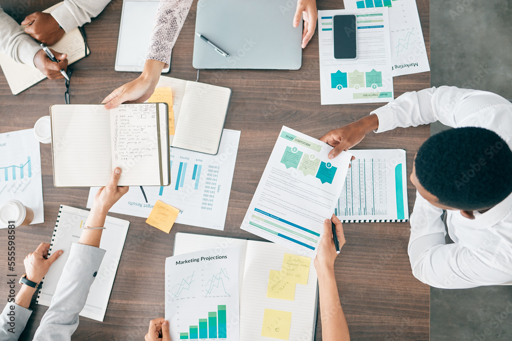 Collaboration, documents and financial with a business team working ...