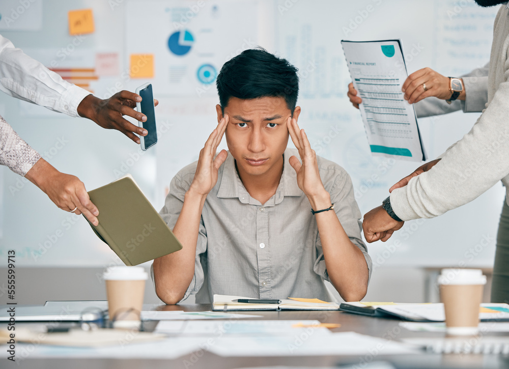 Stress, overworked and headache with businessman multitasking audit ...