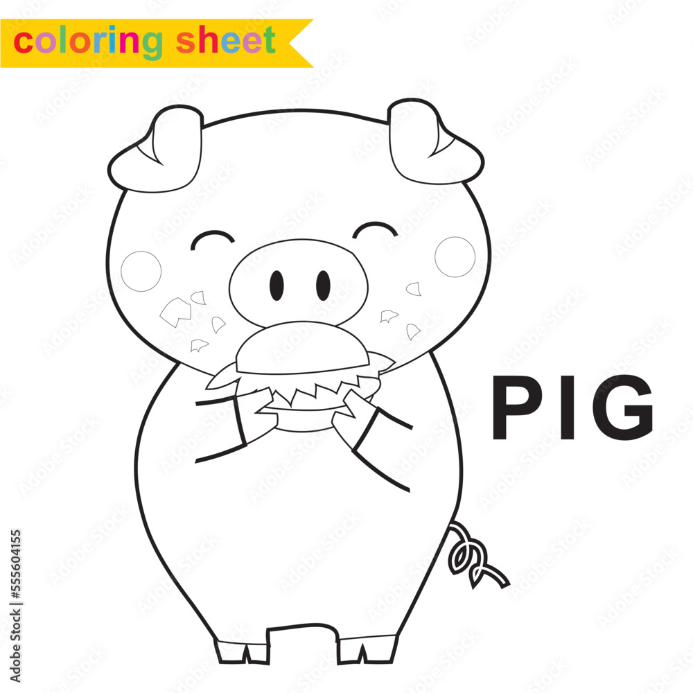 Vetor do Stock: Cute farm animal coloring page. Cute and funny pig ...