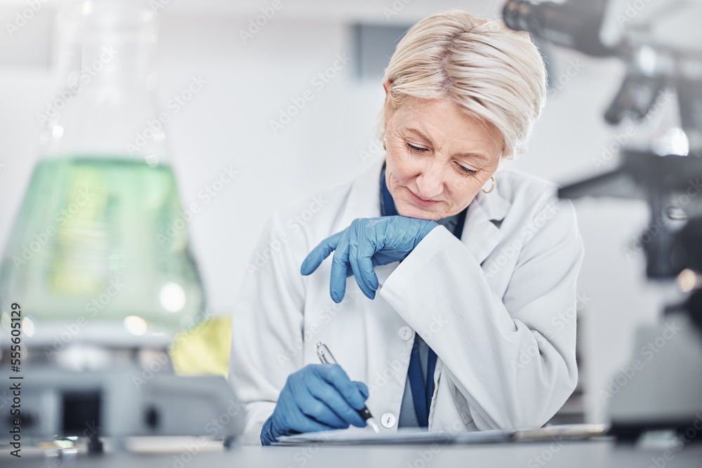 Science, research and senior woman writing notes on documents in ...