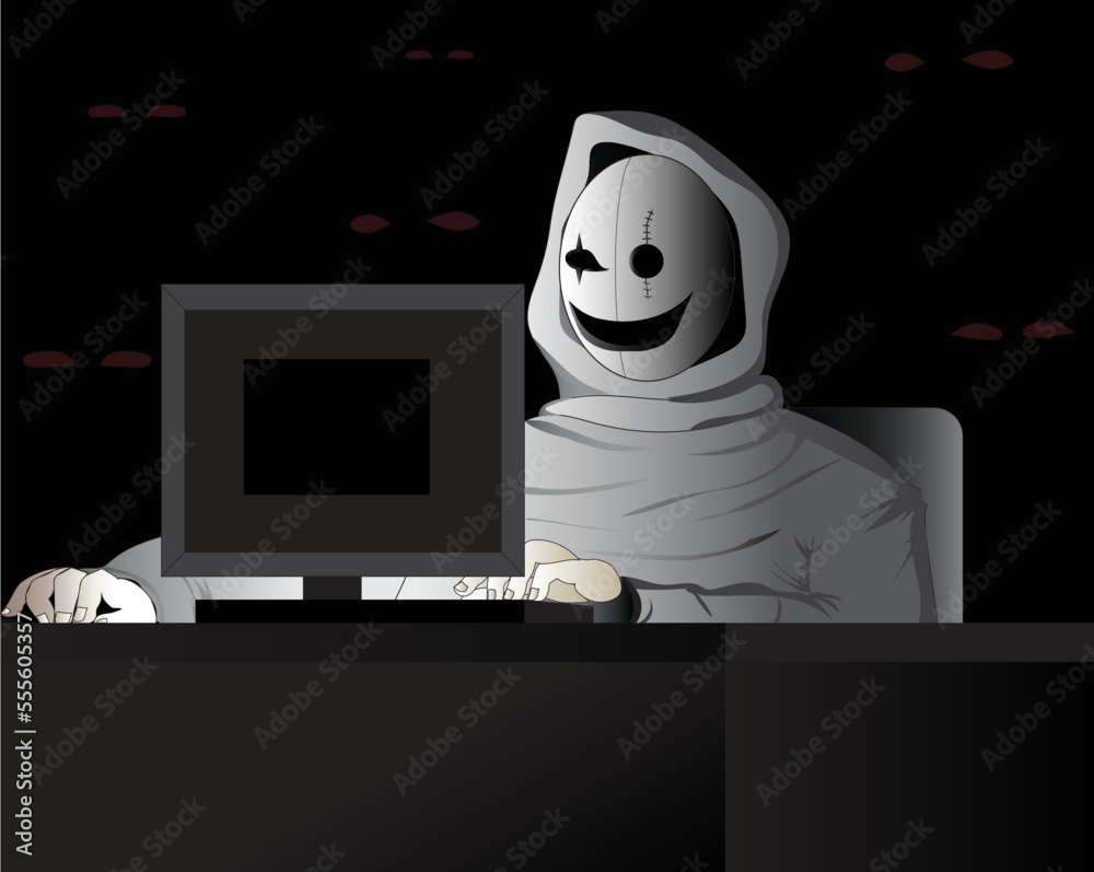 vector cartoon illustration of a website hacker wearing a mask sitting ...