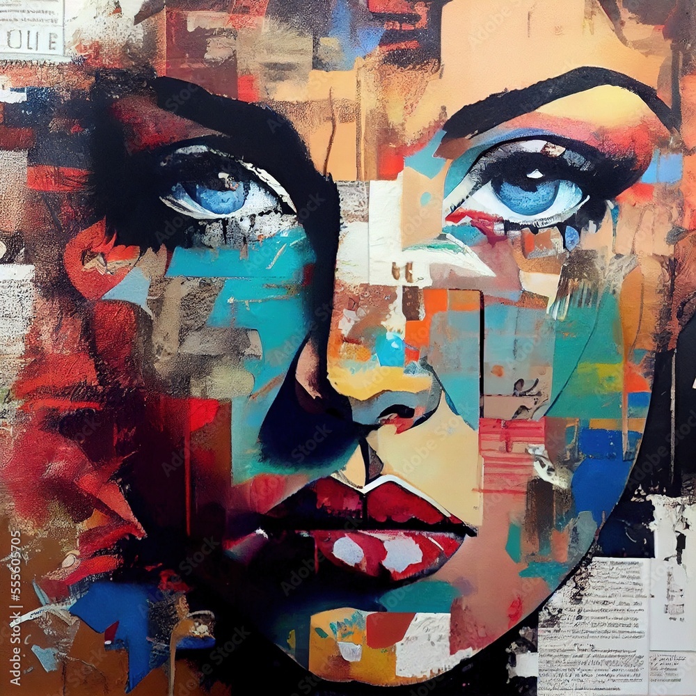 Collage portrait painting about a woman making deep eye contact ...