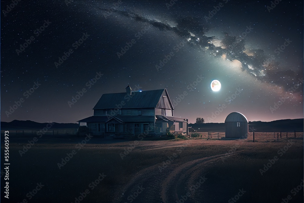 Rural remote farm with Saturn in the night sky, concept art for print ...