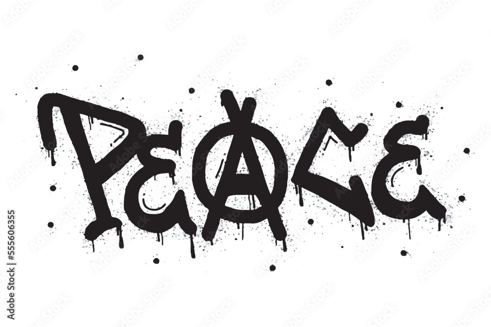 Spray paint graffiti peace symbol in black on white. Sprayed drops of ...