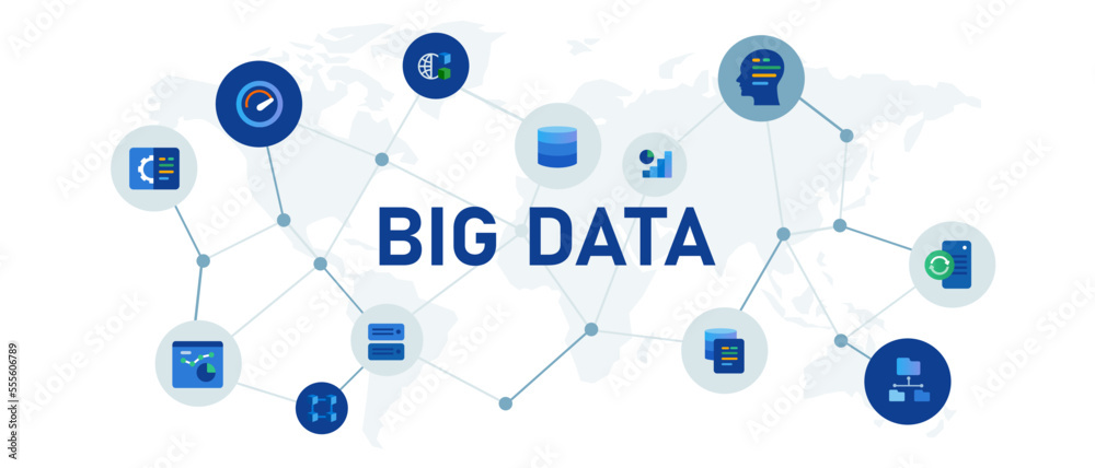 Big data database concept illustrated interconnected blue icons white ...