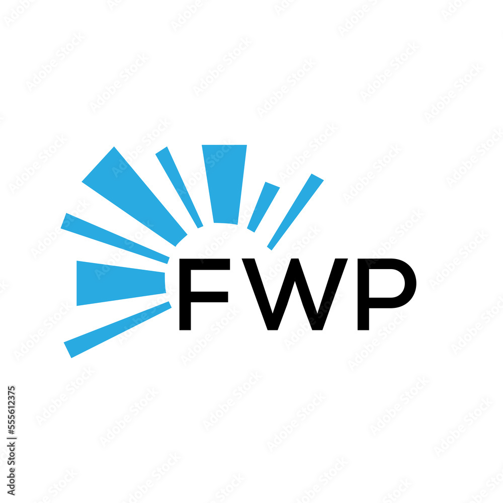 FWP letter logo. FWP blue image on white background and black letter ...
