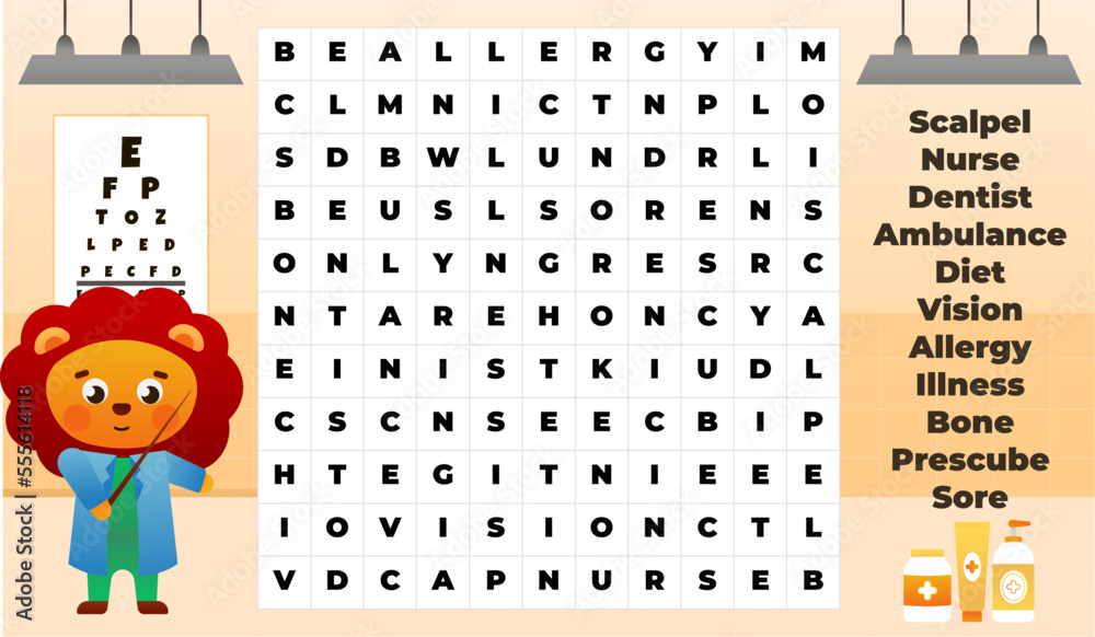 Medical word search game for kids with cute lion doctor character in ...