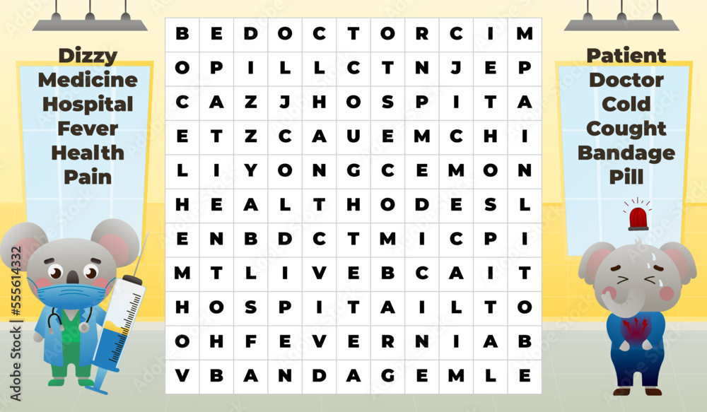 Medical word search game for kids with cute animal character in ...