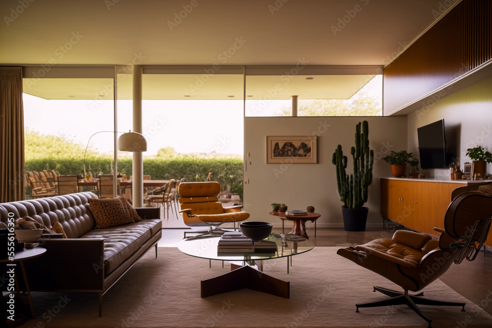 Generative AI illustration of mid-century modern house living room ...