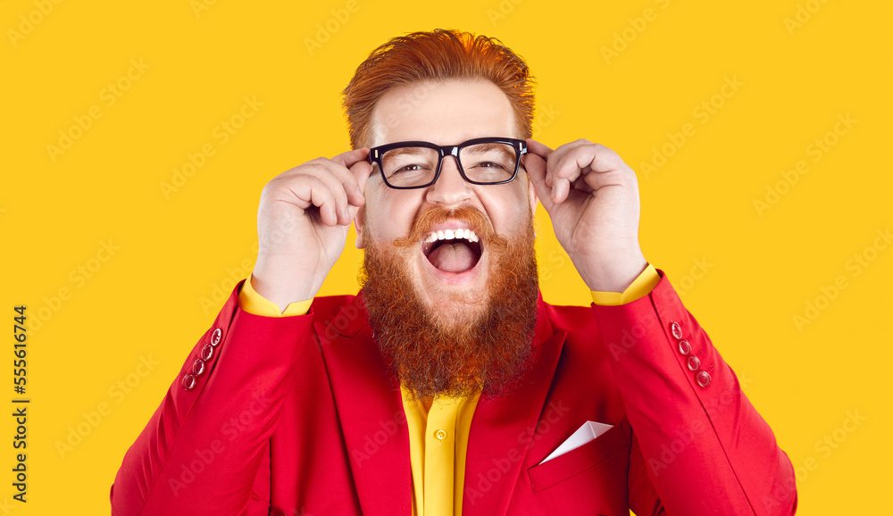 Funny eccentric bearded fat man wearing classic eyeglasses laughing out ...