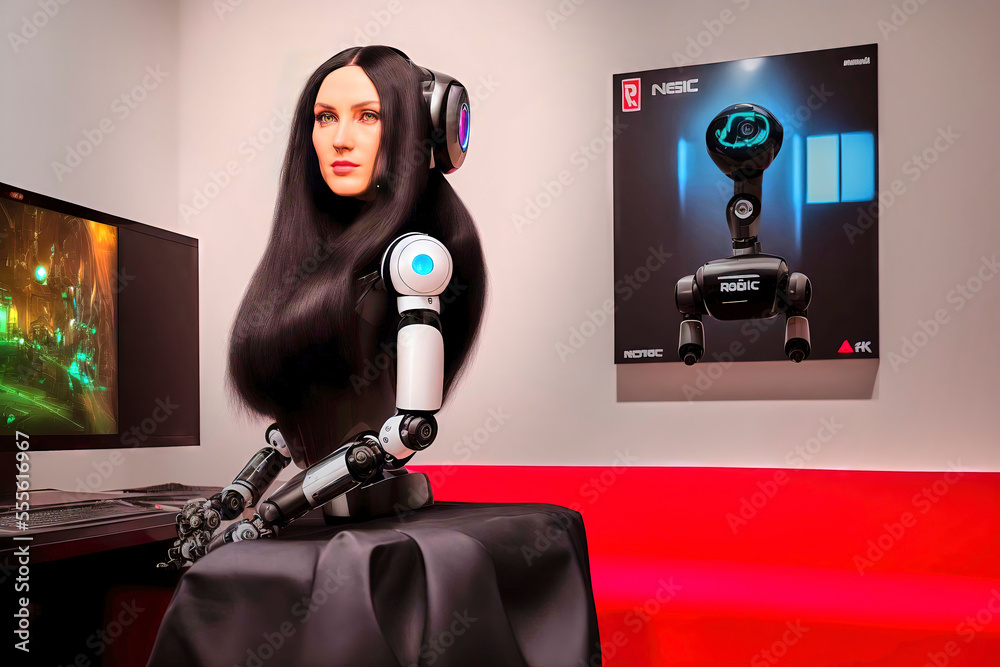 Cyborg with mechanical biotechnology arms and head of fictional woman ...