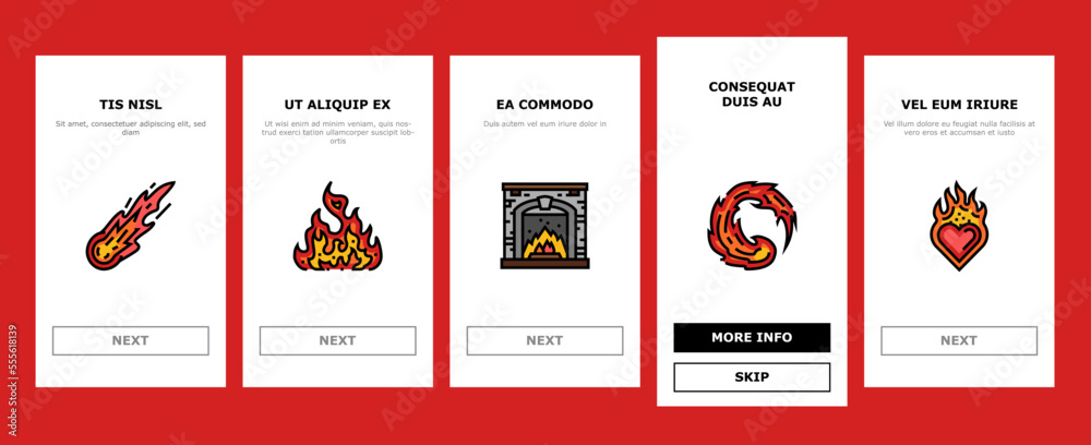 flame hot fire burn bonfire heat onboarding mobile vector. red danger ...