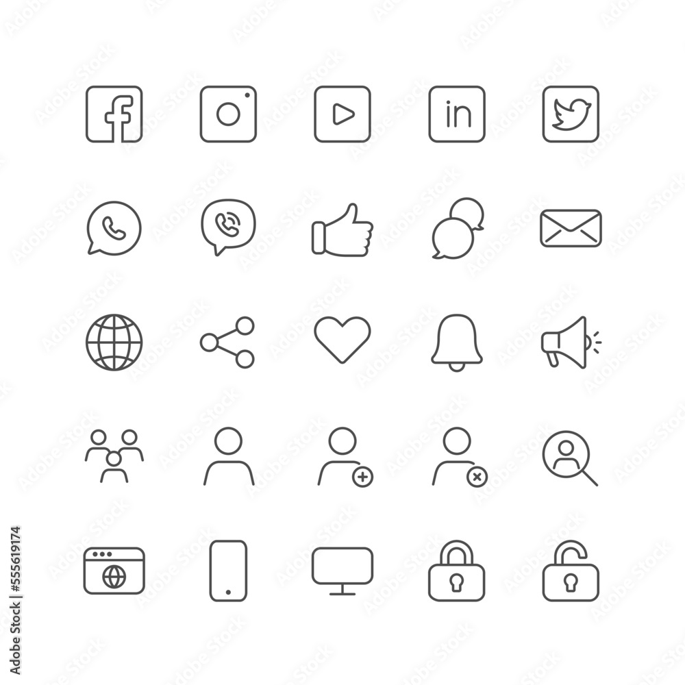 Outline Icon Collection For Ui Vector Thin Line Illustration Set Social Media Signs Like