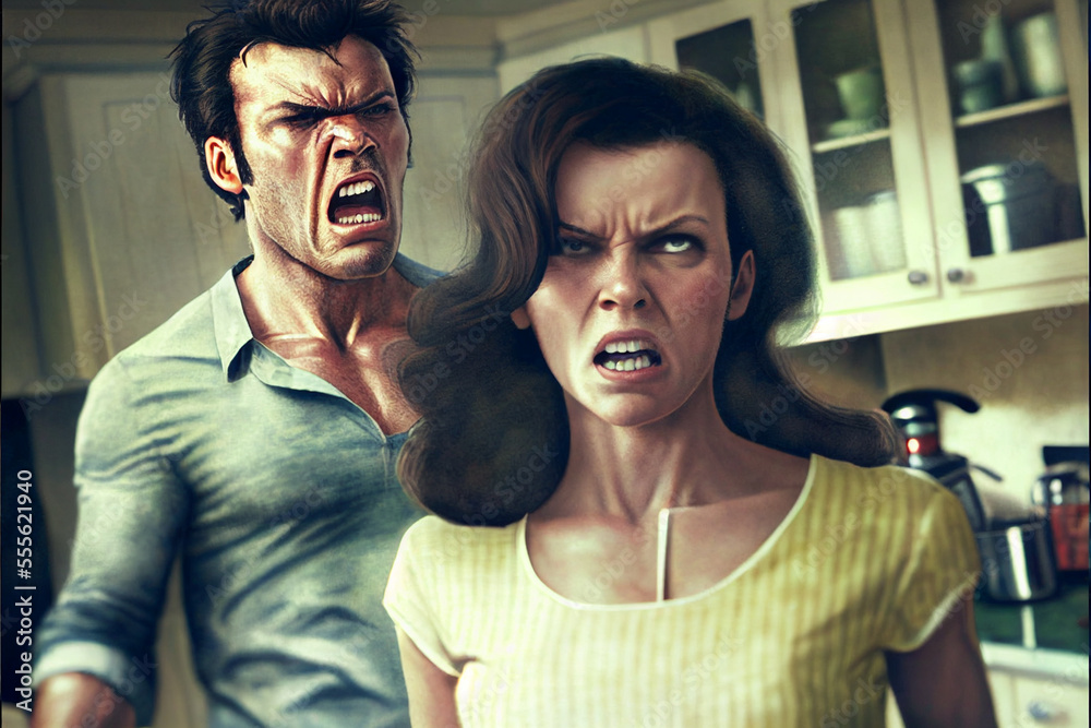 Abuser on blurred foreground beating scared wife with bruises on face ...