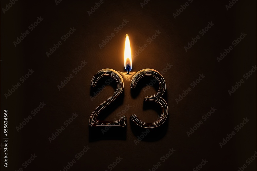 23 written with candle flames on black background, new year greeting ...