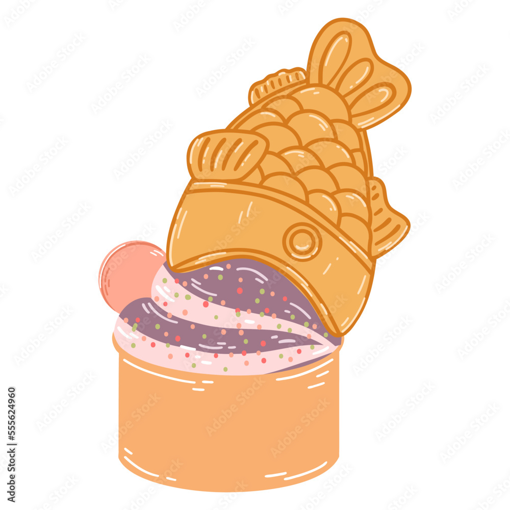 Taiyaki fish-shaped ice cream cone in cartoon flat style. Hand drawn ...