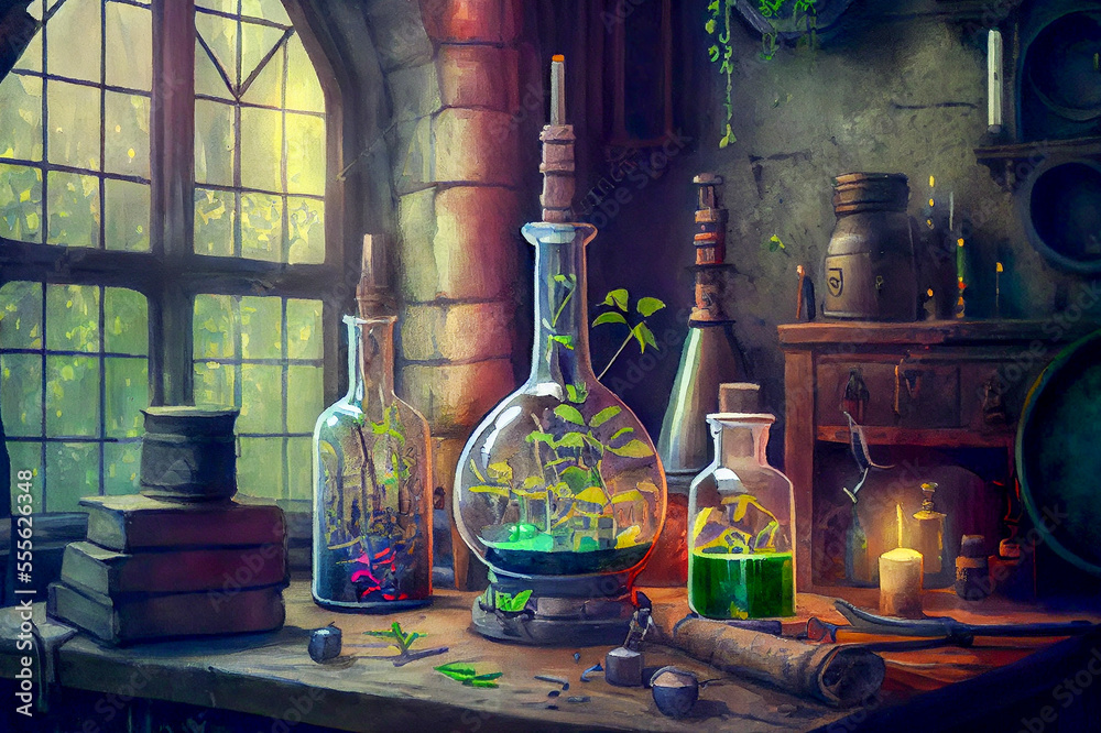 Scientific laboratory. Medieval science laboratory. Fantasy lab with ...
