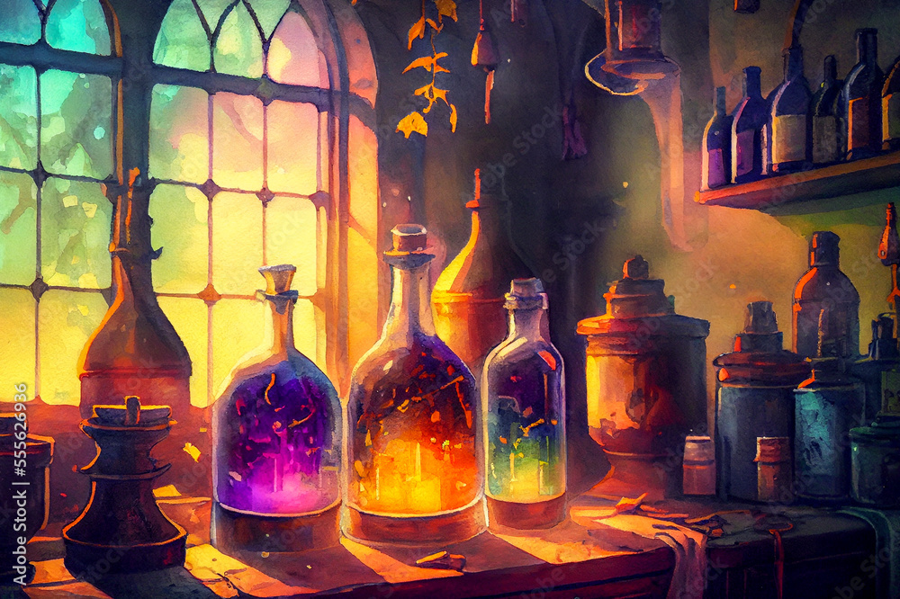 Medieval science laboratory. Fantasy lab with different glassware and ...