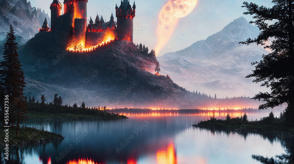 evening landscape with burning castle on a mountain and giant fireball ...