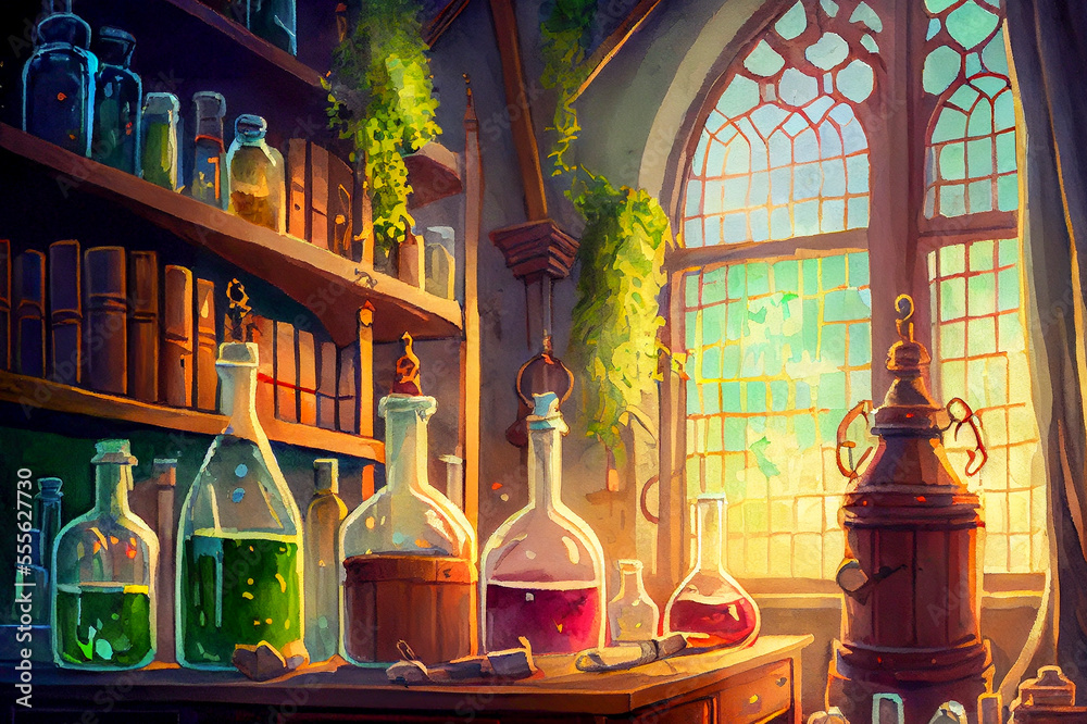 Medieval science laboratory. Fantasy lab with different glassware and ...