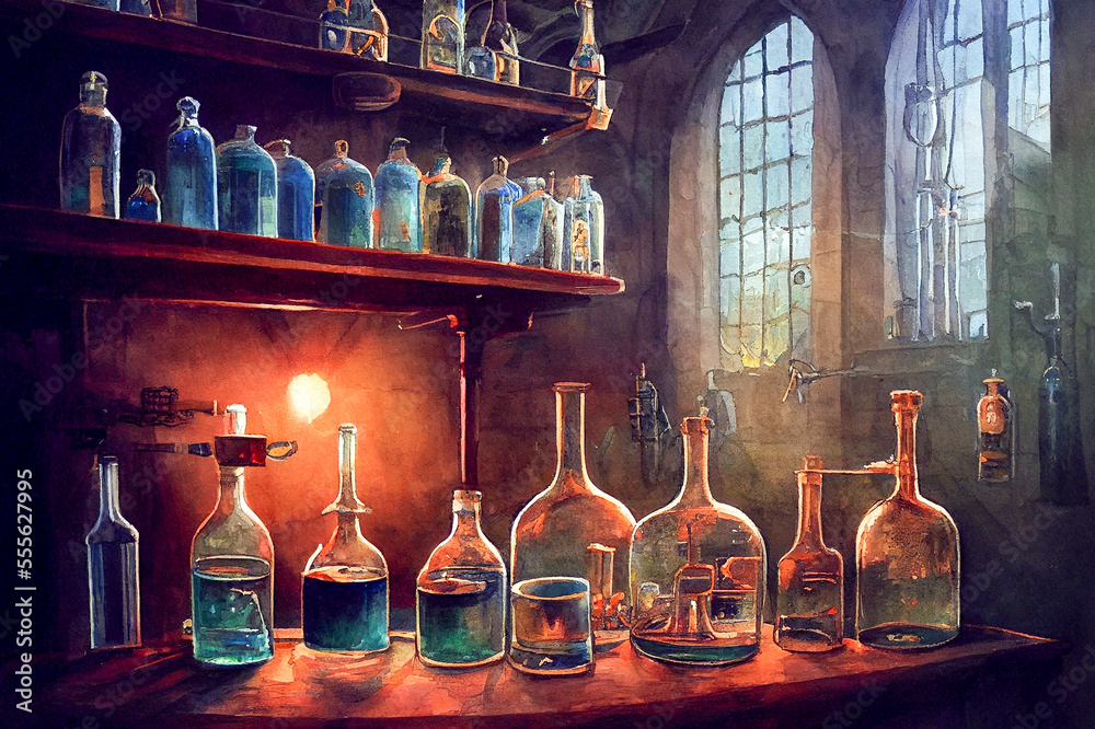 Medieval science laboratory. Fantasy lab with different glassware and ...