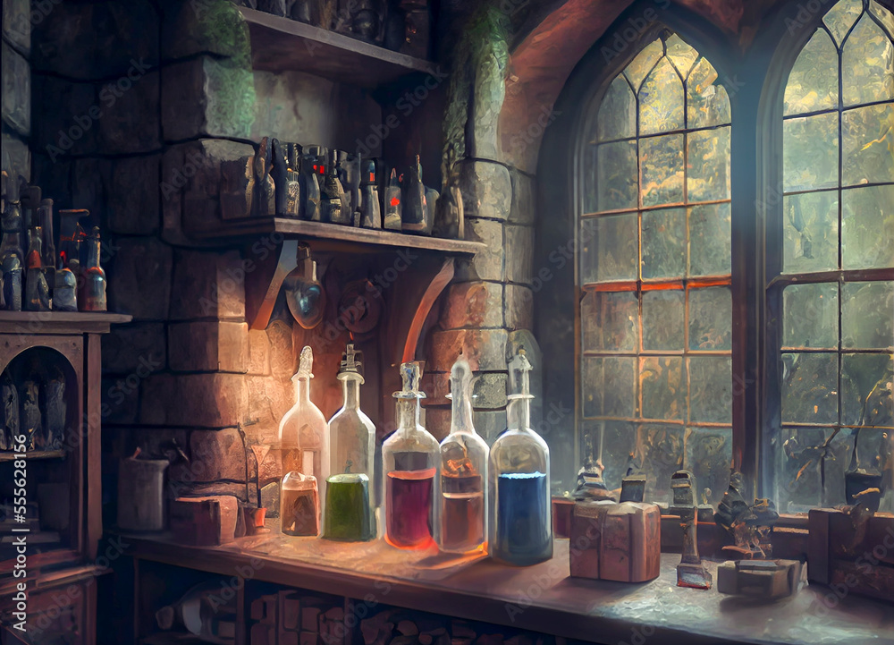 Medieval science laboratory. Fantasy lab with different glassware and ...