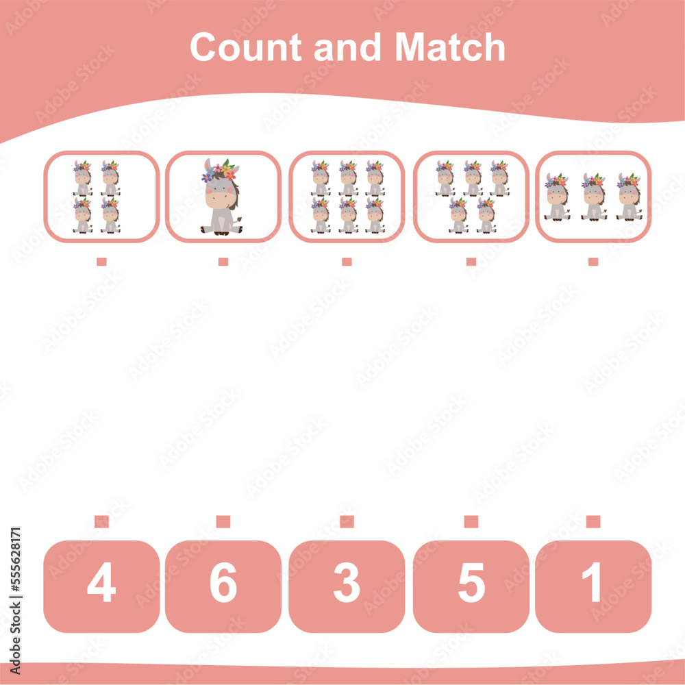 Count and match activity for kids with cute farm animal characters ...