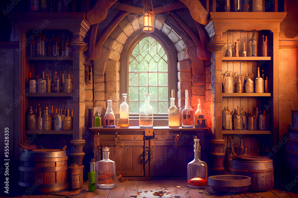 Medieval science laboratory. Fantasy lab with different glassware and ...