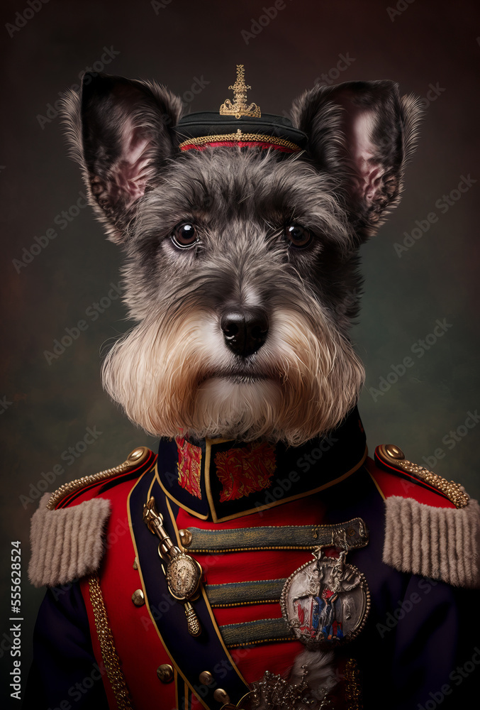 A portrait of a dog wearing historic military uniform. Pet portrait in ...