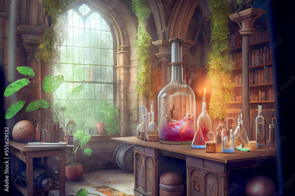 Medieval science laboratory. Fantasy lab with different glassware and ...