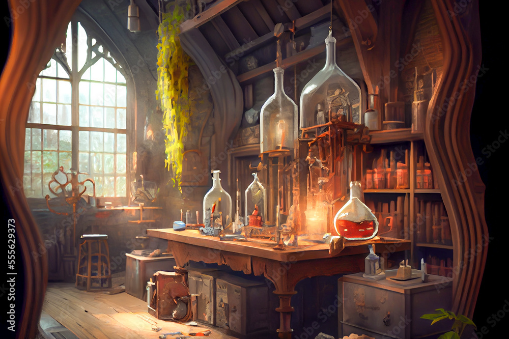 Medieval science laboratory. Fantasy lab with different glassware and ...