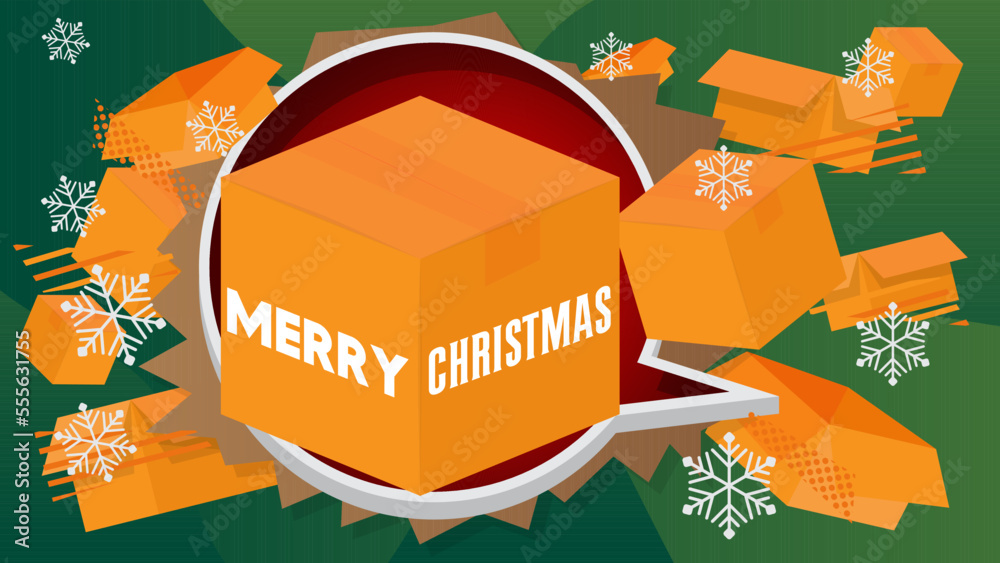 Merry Christmas word with cardboard box. Vector cartoon folded card box ...