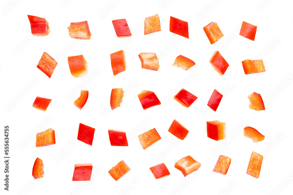 Set of fresh whole and sliced red bell pepper isolated on white ...