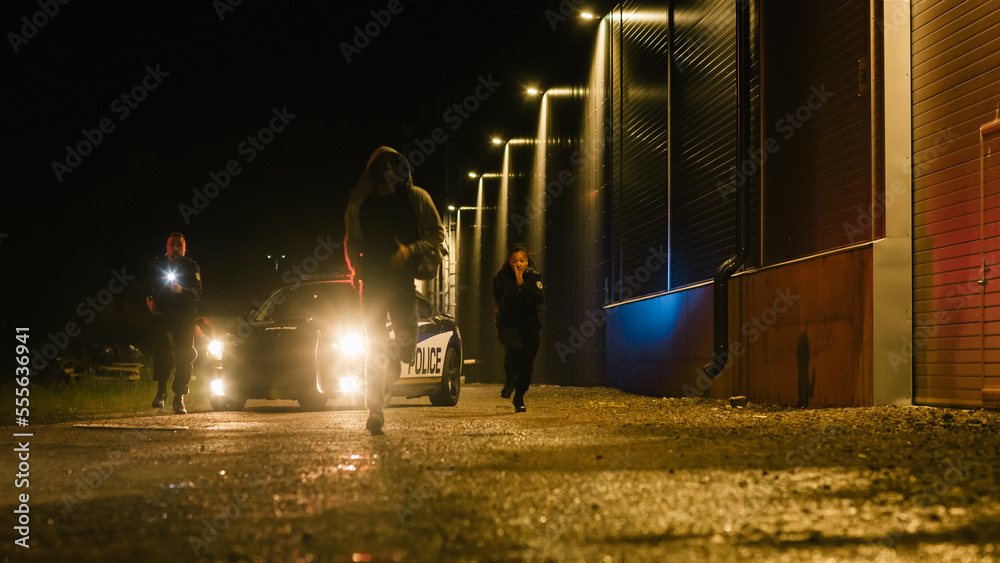 Two Police Officers in Pursuit of a Suspect. Cops Getting out of the ...