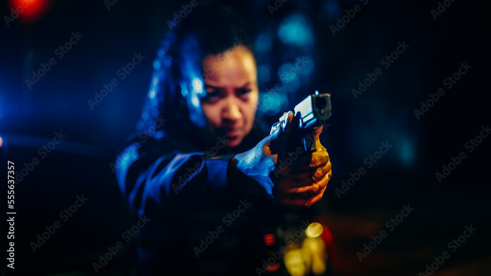 Portrait of Black Female Police Officer Aiming Gun at Criminal, Orders ...