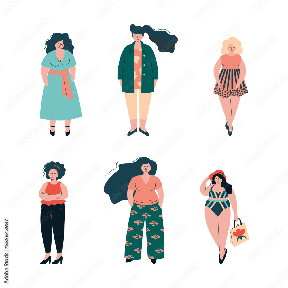 Beautiful Plus Size Woman with Curvy Body in Fashionable Clothes Vector ...