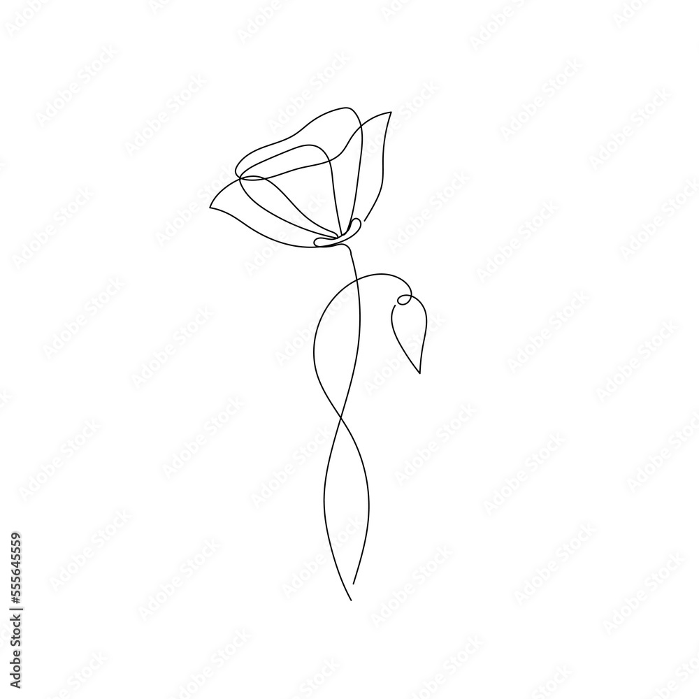 Simple poppy flower art. One continuous line art decorative poppy draw ...