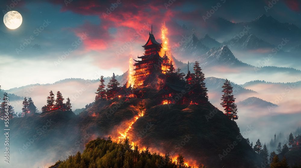 evening landscape with a burning samurai japan castle on a mountain at ...