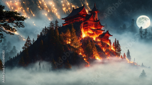 evening landscape with a burning samurai japan castle on a mountain at ...