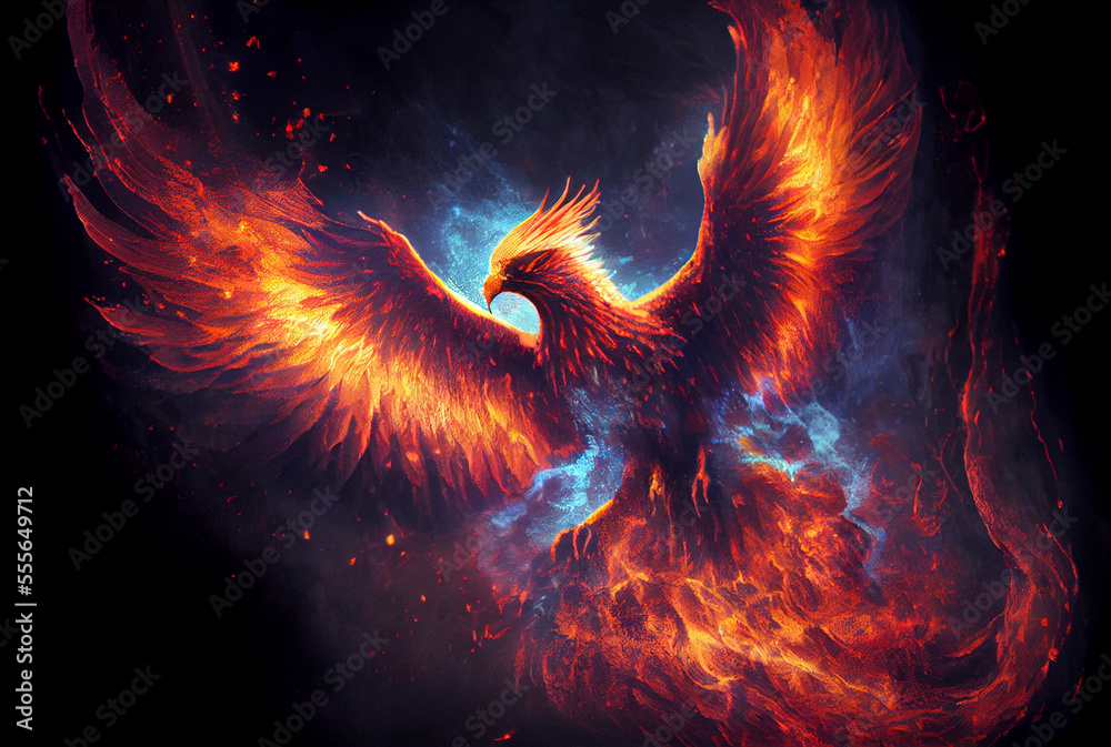 Phoenix bird with spread wings in fire and ashes. Stock Illustration ...