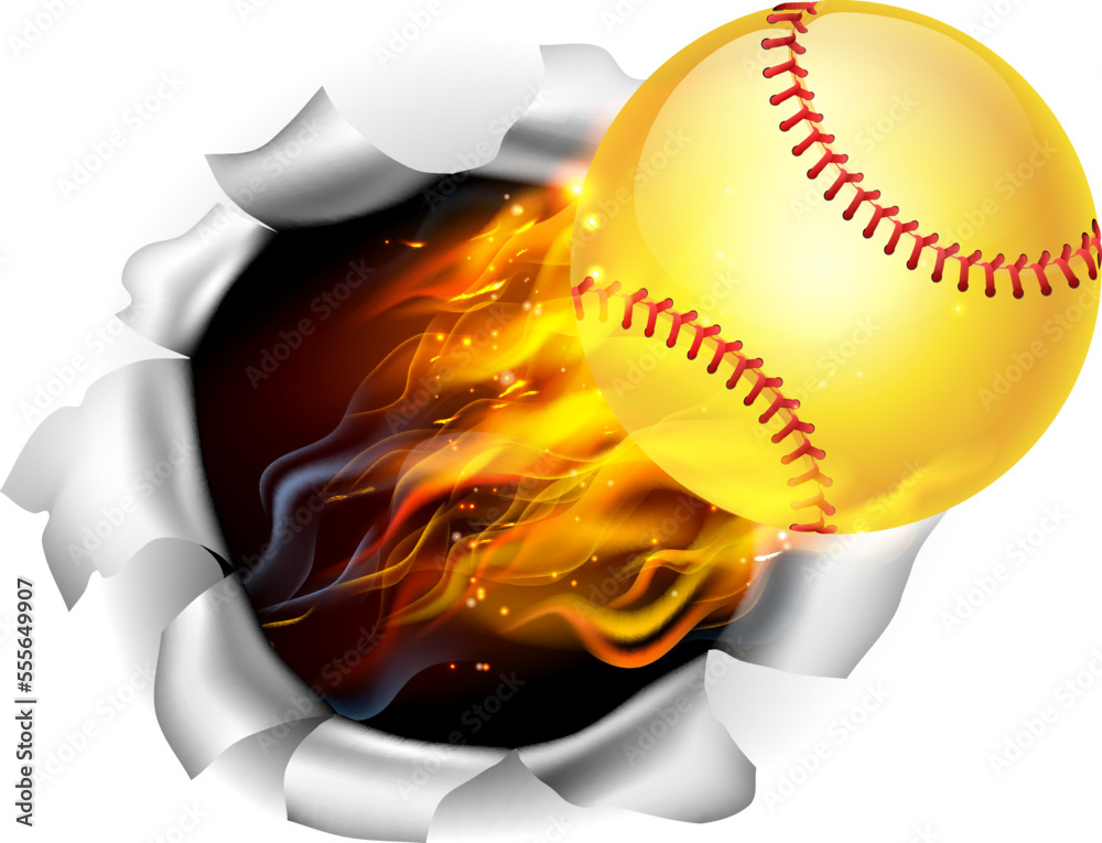 A Softball ball with flames and fire breaking through the background ...