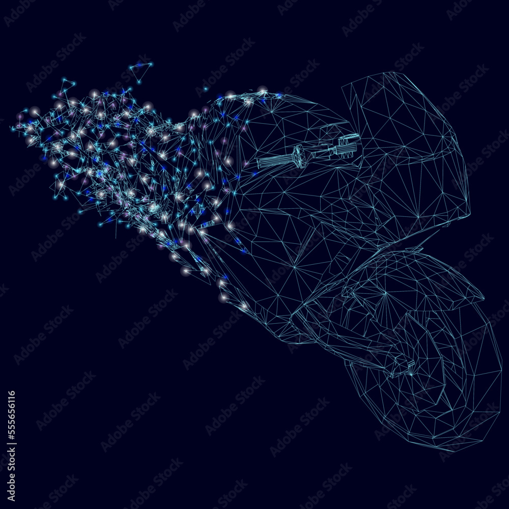 Wireframe of a collapsing motorcycle into fragments with glowing lights ...
