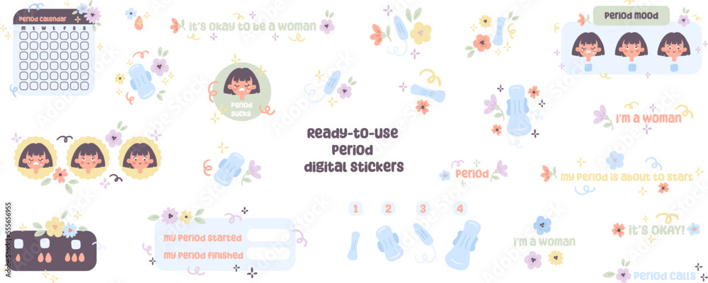 Period tracker, lettering, label, and tag cute illustration for girls ...