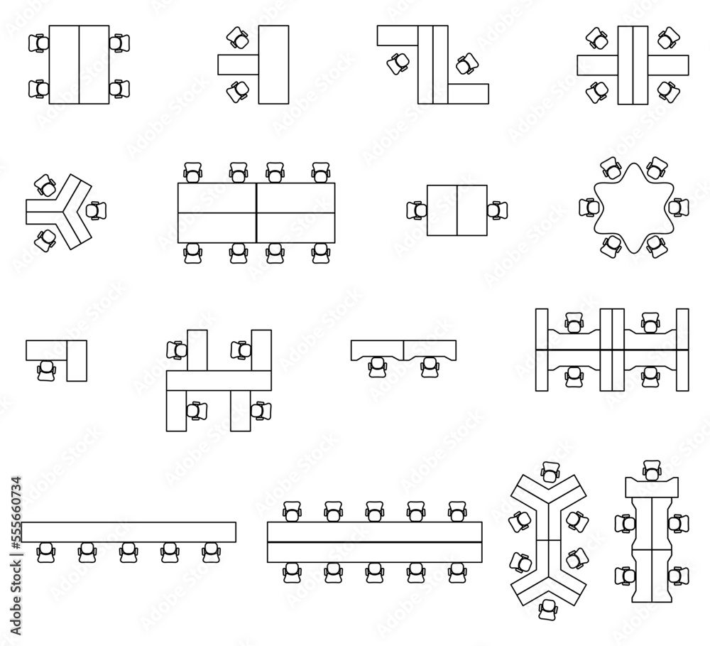 Office desk and table layout, conference, modern style, vector ...