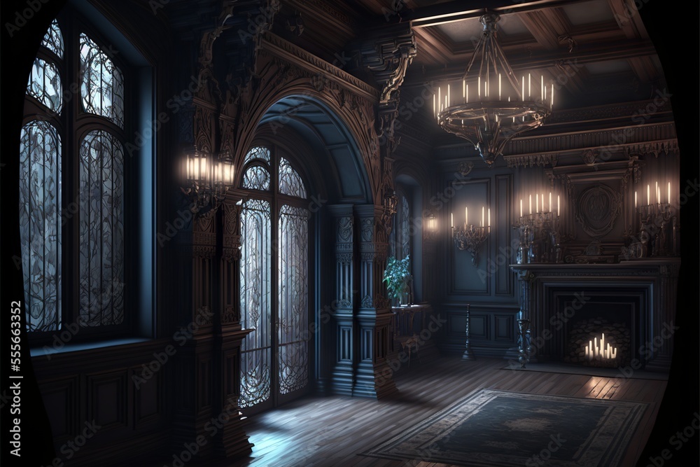 Gothic mansion victorian living room interior with chandelier and ...