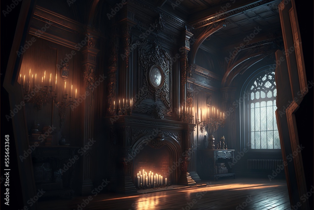 Gothic mansion victorian living room interior with carved wooden wall ...