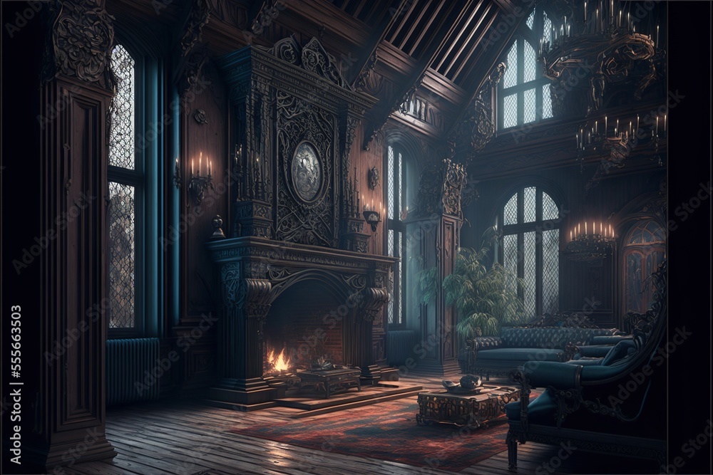 Gothic mansion attic and victorian living room interior with wooden ...