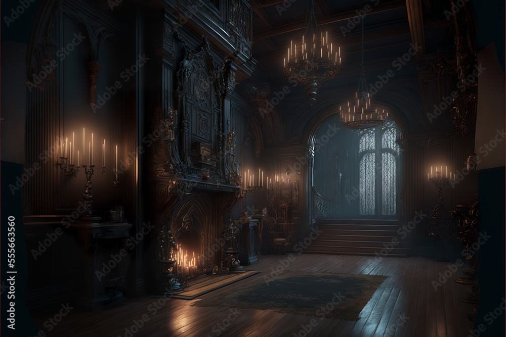 Gothic mansion victorian living room gloomy interior with wooden wall ...