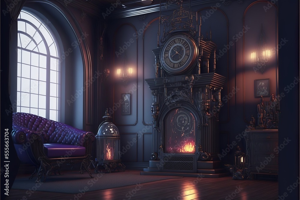 Gothic mansion victorian living room interior with grandfather clock ...